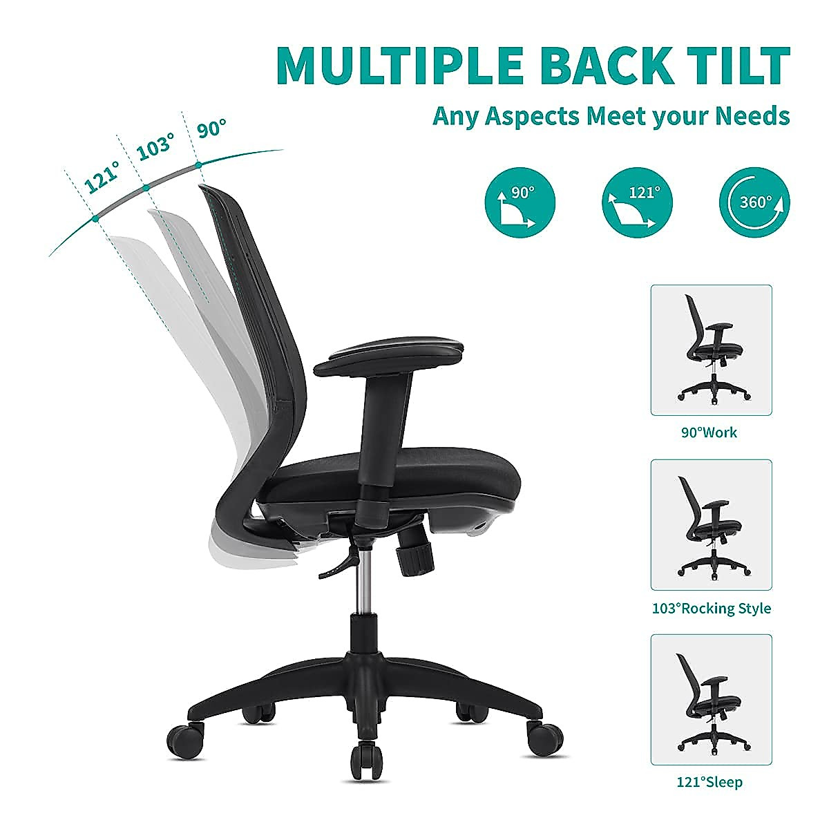Ergonomic Office Chair, Home Office Work Chairs with Lumbar Support and Adjustable Arms, Swivel Computer Task Chairs with PA Wheels, Removable and Washable Fabric Backrest Cover, Tilt Function Chairs