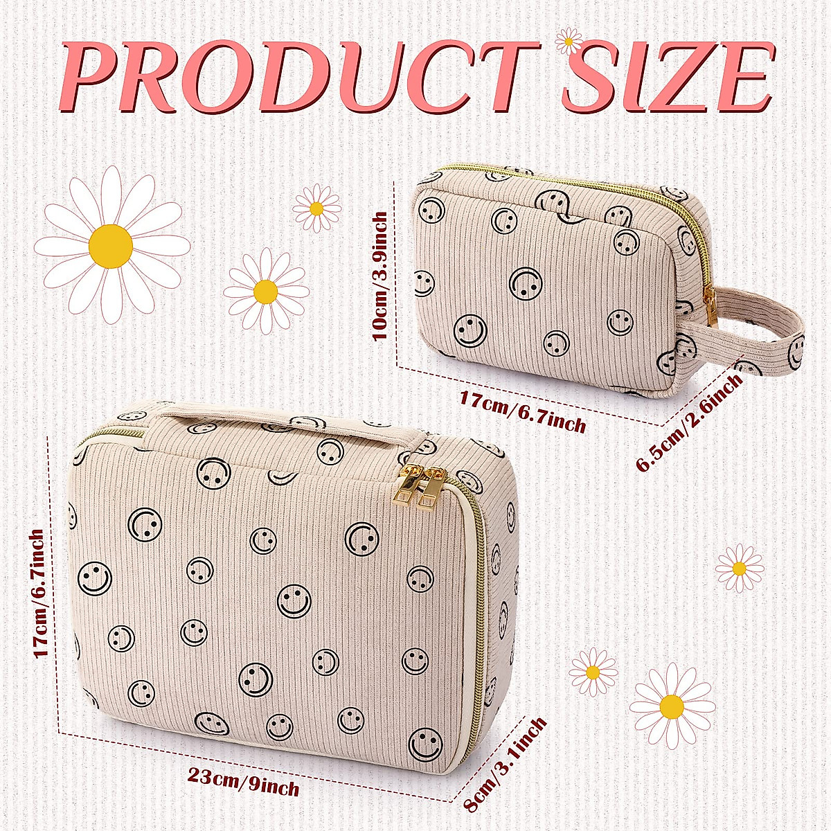 Sanwuta 2 Pcs Corduroy Cosmetic Bag Set Travel Toiletry Bag Smile Face Makeup Pouch Portable Cosmetic Pouch Smile Dots Bags Multifunction Organizer Washable Skincare Bag for Women, 2 sizes