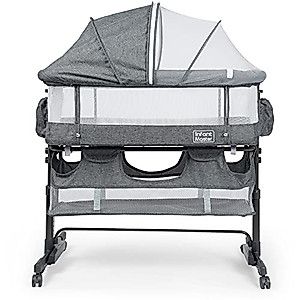 3 in 1 Baby Bassinet, Upgraded Beside Crib with 360° Highly Visible Mesh wall, Comfy Co-sleeper Bassinet with mattress, 5 Level Adjustable Height, Foldable & Portable BabyTravel Crib for Newborn, Grey