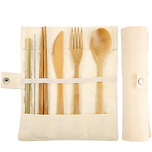 2 Sets Bamboo Cutlery Bamboo Utensils Reusable Flatware Set Bamboo Travel Utensils Include Reusable Chopsticks Fork Spoon Knife Straws Brush for Camping Hiking Picnic with Pouch Bag