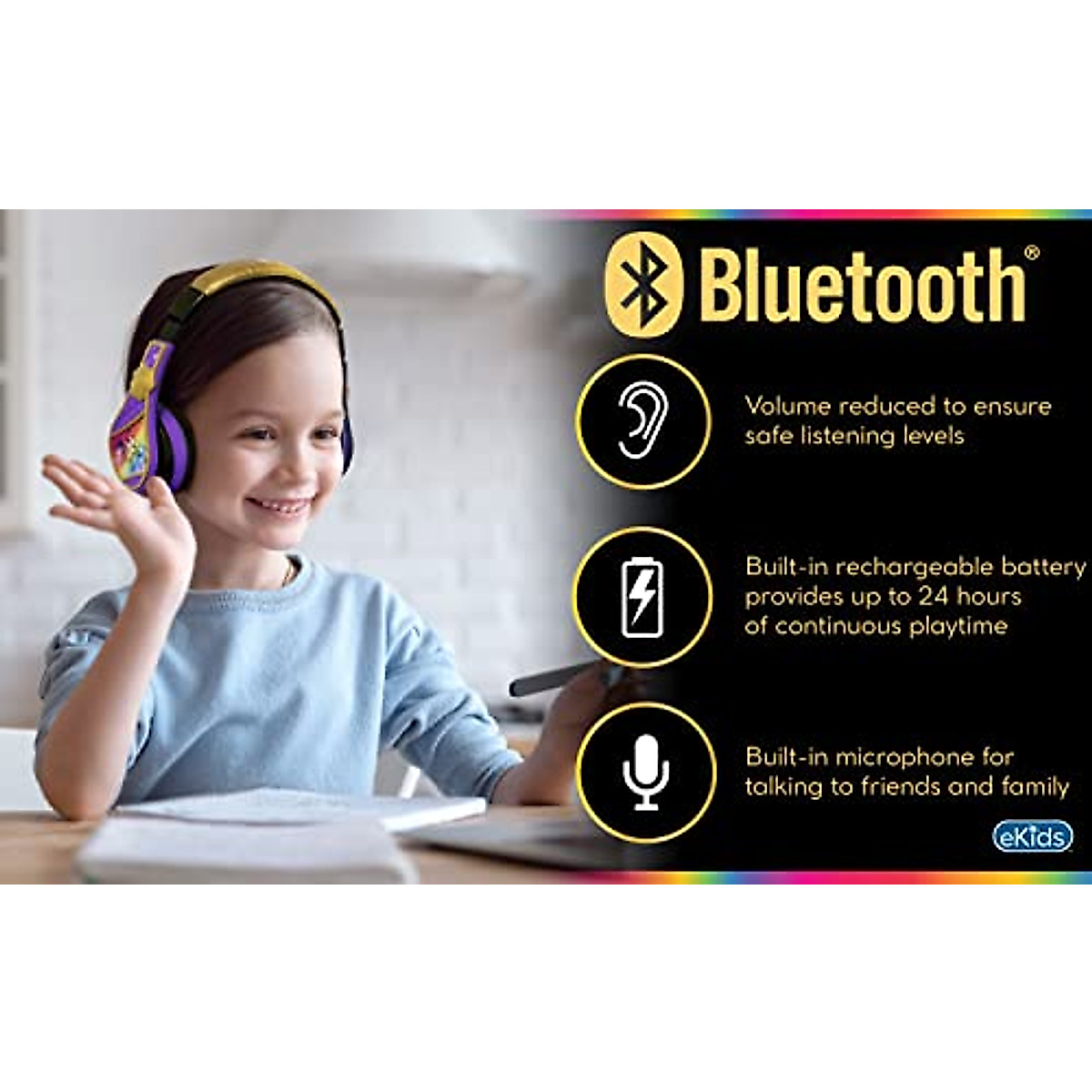 eKids Rainbow High Kids Bluetooth Headphones, Wireless Headphones with Microphone Includes Aux Cord, Volume Reduced Kids Foldable Headphones for School, Home, or Travel