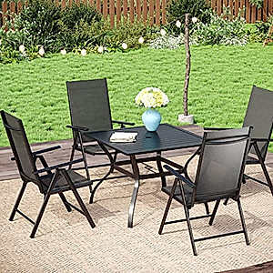 HERA'S PALACE Patio Dining Chair Foldable and Portable, Outdoor Folding Chairs with Armrest, Reclining High Back Sling Dining Chairs for Garden, Poolside, Backyard (2pcs, Black)