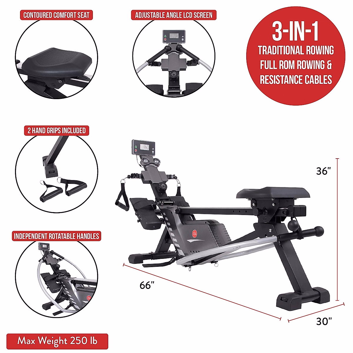 Body Power 3-in-1 Conversion Rowing Machine with Strength Resistance Cable Training, Rower Exercise Equipment for Home Gym BRW3268