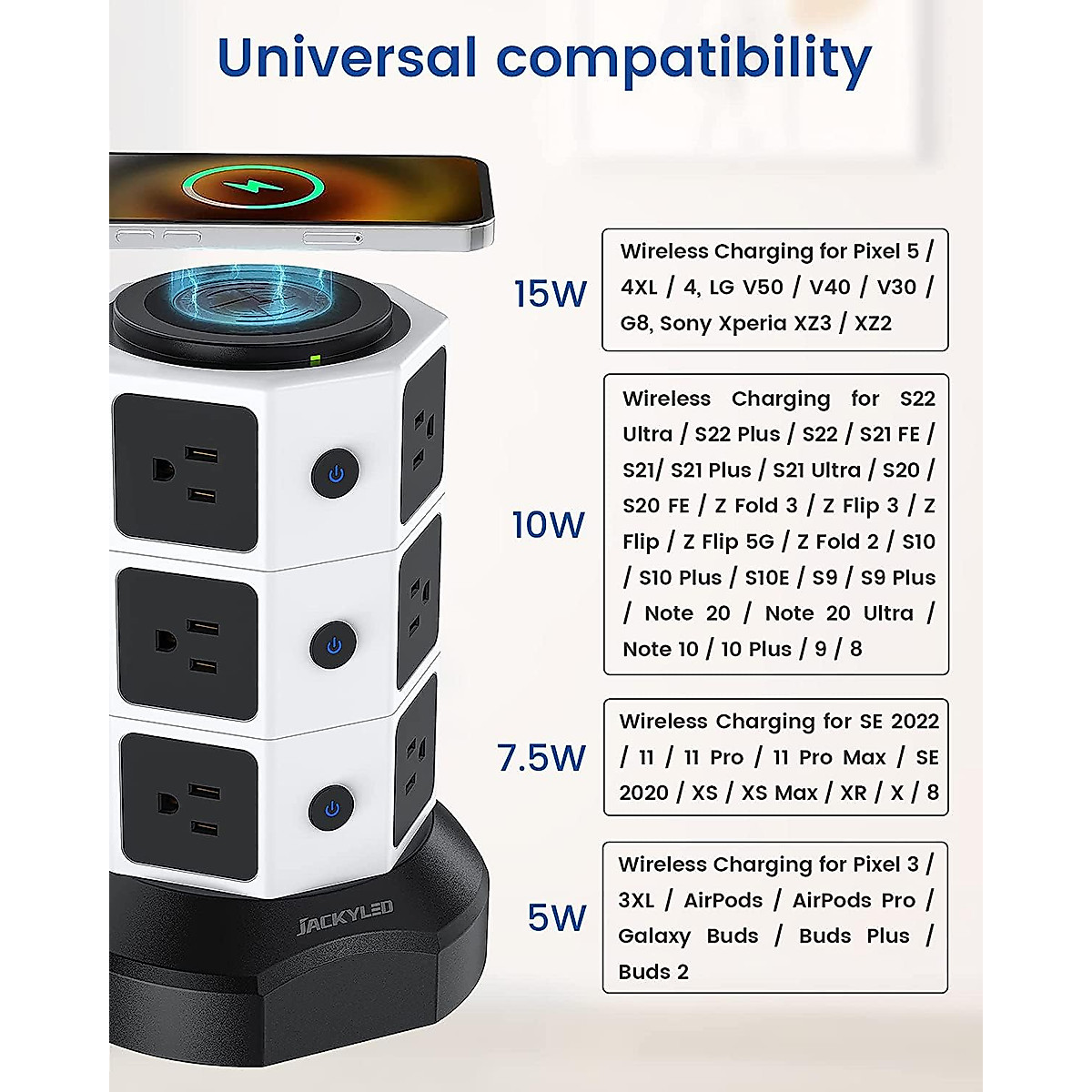 Power Strip Tower with Wireless Charger - Surge Protector with USB, JACKYLED Electric Outlet 13A 10 AC Outlets 4 USB Ports 6.5ft Extension Cord for School Dorm Office Home Desktop Computer White Black