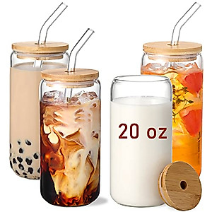 20 OZ Glass Cups with Bamboo Lids and Glass Straw - 4pcs Set Beer Can Shaped Drinking Glasses, Iced Coffee Glasses, Cute Tumbler Cup for Smoothie, Boba Tea, Whiskey, Water - 2 Cleaning Brushes