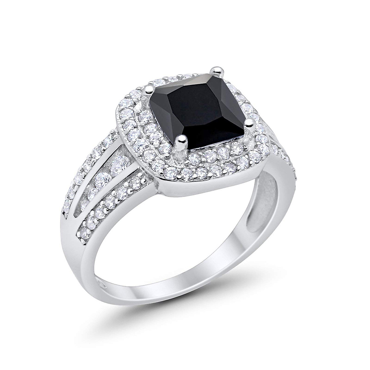 Halo Art Deco Wedding Engagement Ring Princess Cut Round Simulated Black Cubic Zirconia 925 Sterling Silver Size-6