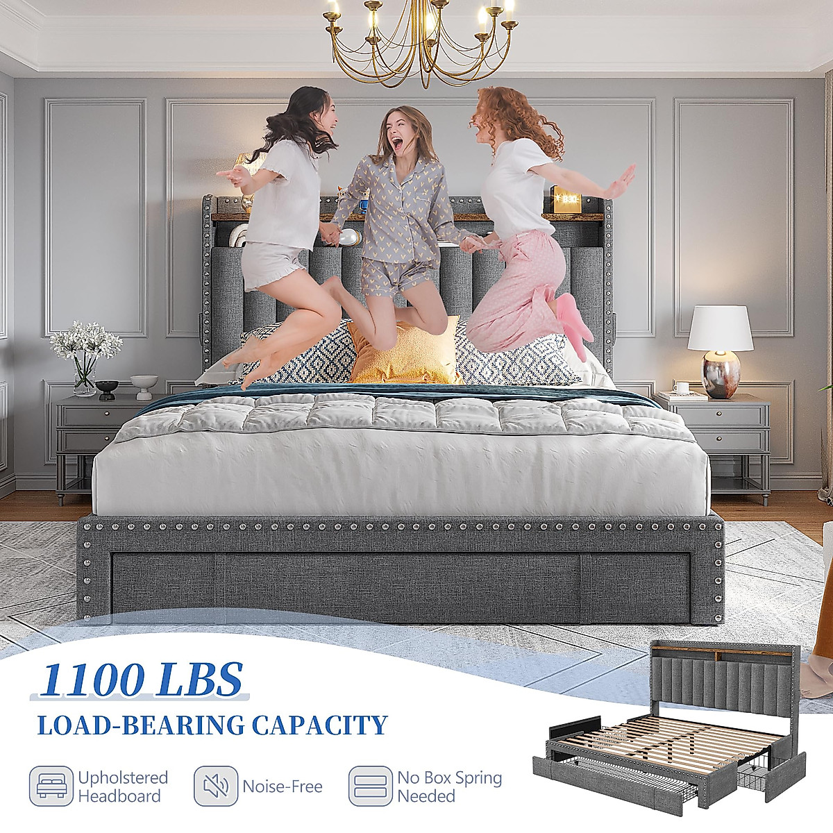 EnHomee Queen Bed Frame with 3 Drawers Upholstered Bed Frame Queen Size with Headboard, Queen Size Bed Frame, Queen Bed Frame with Storage, No Box Spring Needed, No-Noise, Easy Assembly, Grey