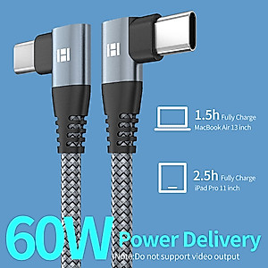 HANKN USB C to USB C Cable 3.3ft, [2 Pack] Dual Angle Nylon Braided 60W USB Type C Cable for Samsung Galaxy S21 S20, Note 20 Ultra 10 9, MacBook Air/Pro 13'', iPad Mini 6/Pro/Air - Grey, 1m
