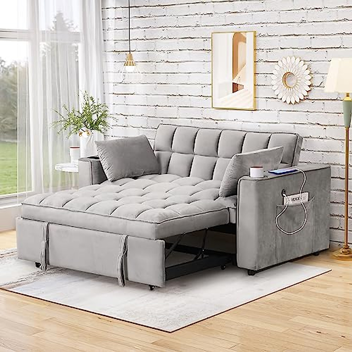 FULife 58" Convertible Sofa Couch with Pull-Out Sleeper,Adjustable Loveseat Armchair Single Bed Chair with Cup Holder,USB Port,Side Pocket&Pillows for Living Room/Apartment/Office/Studio/Small Place