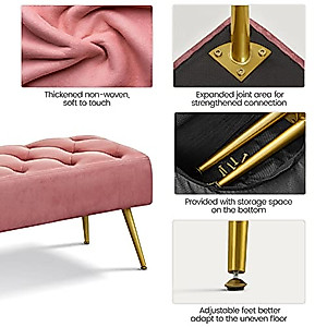 Yaheetech Modern Ottoman Bench Velvet Bench Upholstered Footrest for Living Room with Gold Metal Legs and Padded Seat Pink