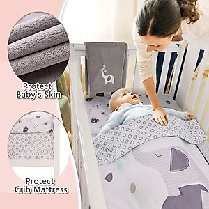 Honkaii Elephants Crib Bedding Sets for Boys 4 Pcs, Baby Girls Bedding Set Included Comforter, Fitted Sheet, Crib Skirt & Diaper Stacker for Nursery Standard Size Neutral (Gray)