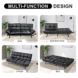 MUUEGM Futon Sofa Bed Memory Foam Convertible Couch Sleeper,Modern Faux Leather Love Seat for Living Room Small Space Apartment Office,Adjustable Backrest Armrest,71" Sofabed, Black-New