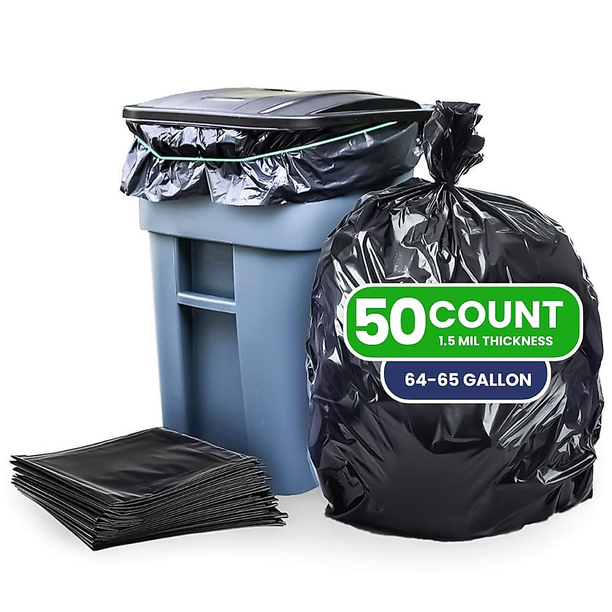 Plasticplace Black Trash Bags (50 Count): Heavy-Duty 64-65 Gallon Garbage Bags, Trash Can Liners, 1.5 Mil for Toter, Perfect Garbage Bag, 50” x 60”, Durable Can Liners