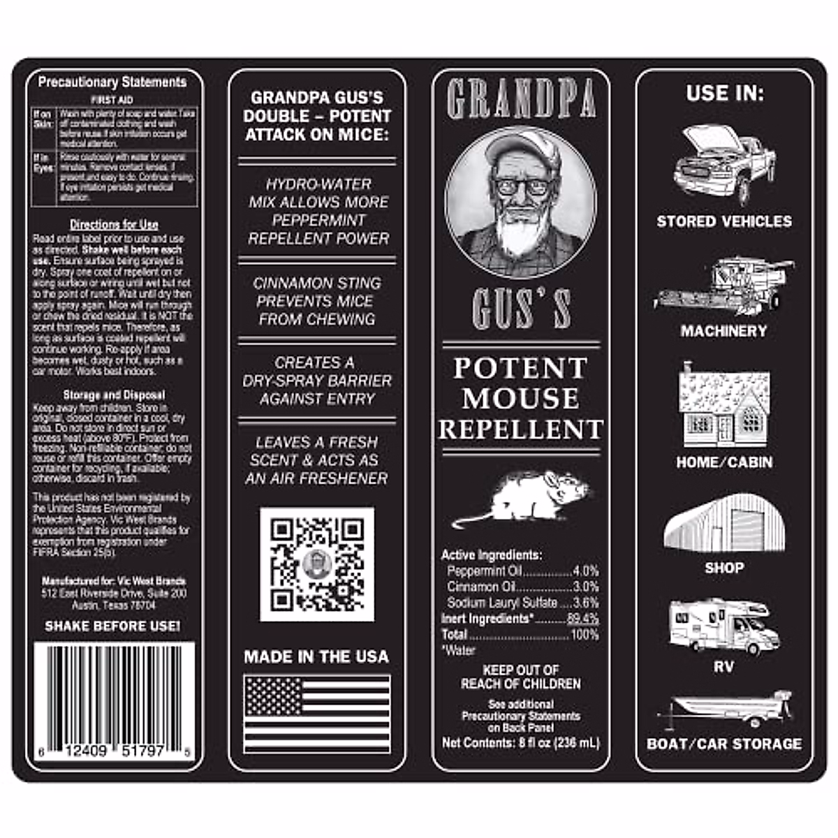 Grandpa Gus's Potent Mouse Repellent Spray, Peppermint & Cinnamon Oil Formula, Repels Mice & Rats from Nesting, Chewing in Homes/RV, Boat/Car, Storage & Wiring, 8 oz (2 Bottles)
