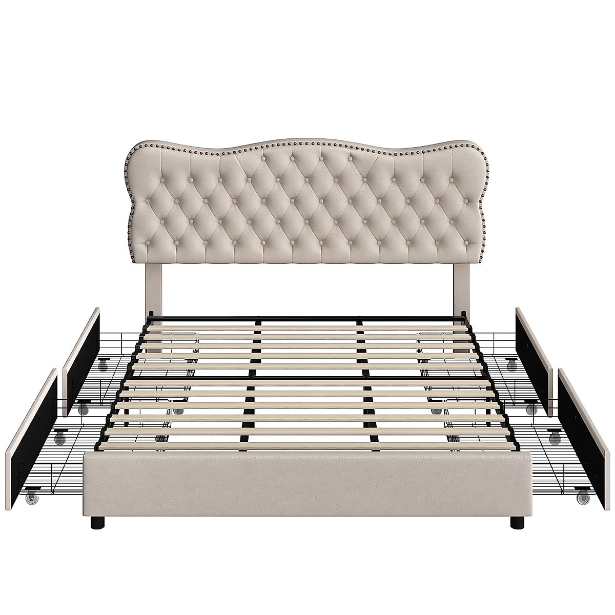 HOSTACK King Bed Frame with 4 Storage Drawers, Upholstered Platform Bed Frame with Button Tufted Headboard, Heavy Duty Mattress Foundation with Wooden Slats, No Box Spring Needed (Beige, King)