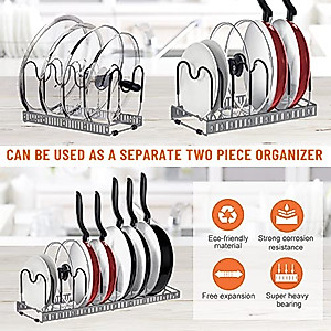 AHNR Expandable Pot and Pan Organizers Rack, 10+ Pans and Pots Lid Organizer Rack Holder, Kitchen Cabinet Pantry Bakeware Organizer Rack Holder with 10 Adjustable Compartments (Grey)
