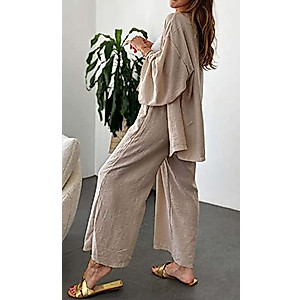 Asskdan Womens 2 Piece Outfits Lounge Sets Linen High Waisted Pants Oversized Cardigan (x_l, Apricot)