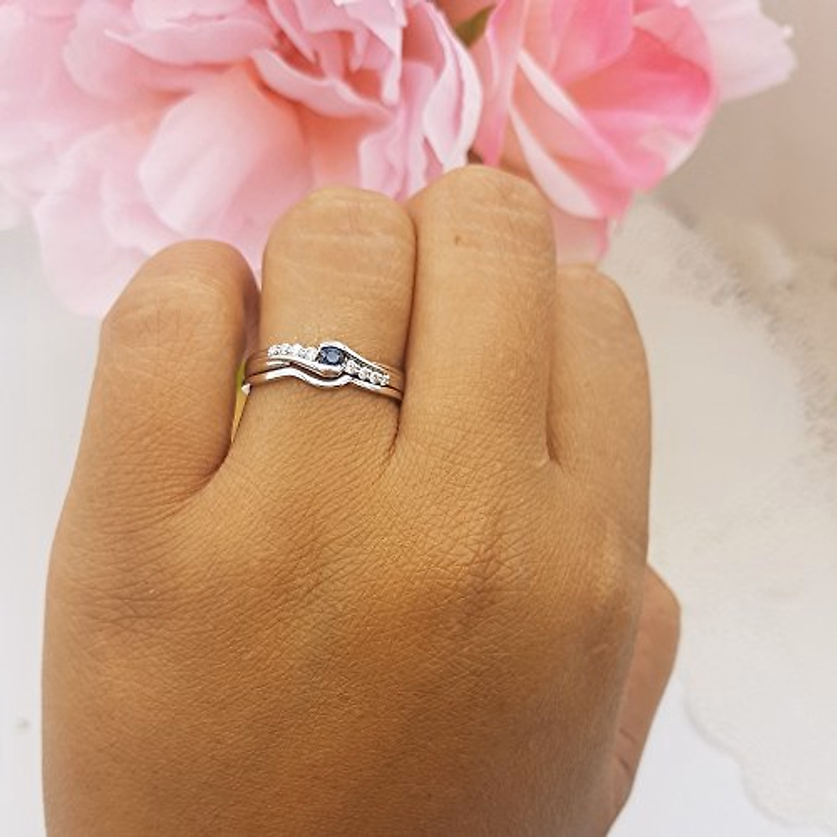 Dazzlingrock Collection 14K Blue Sapphire And White Diamond Women Bridal Engagement Wedding Ring Band Set, White Gold, Size 8