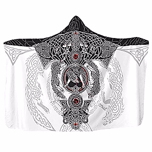 DFWY Men Women's Viking Hooded Blanket Cloak - Norse Wolf Head Fenrir Tattoo 3D Print Plush Wearable Blankets - Novelty Winter Warm Super Soft Blanket Bath Sheet (Color : C, Size : 50 * 60 Inch)