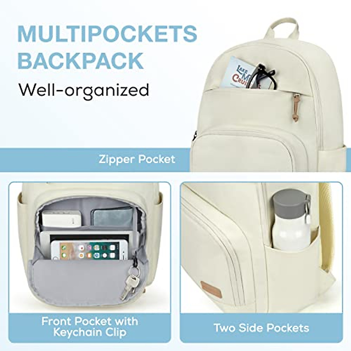 mommore School Backpack for Boys Girls 6-8 Years Old Lightweight Kids Bookbags Casual Daypack with Luggage Strap, Beige