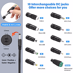 PERFEIDY 5V 1A 0.5A Charger 5.0V 1.0A AC Adapter 5W Power Supply DC 5V 1000mA 800mA 600mA 500mA Adaptor Regulated Transformer Cord with 10 Interchangeable Jacks Plug UL Listed