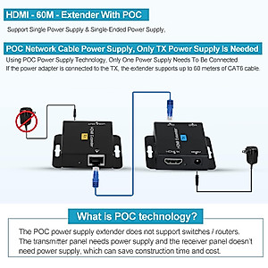 avedio links 196ft/60m HDMI Extender Over Cat 5e/6/7, 1080P HDMI Ethernet Extender Balun Adapter with Single POC Power Supply, Support 3D, EDID, Deep Color, Compatible with DVD, Fire Stick, Roku, PS5