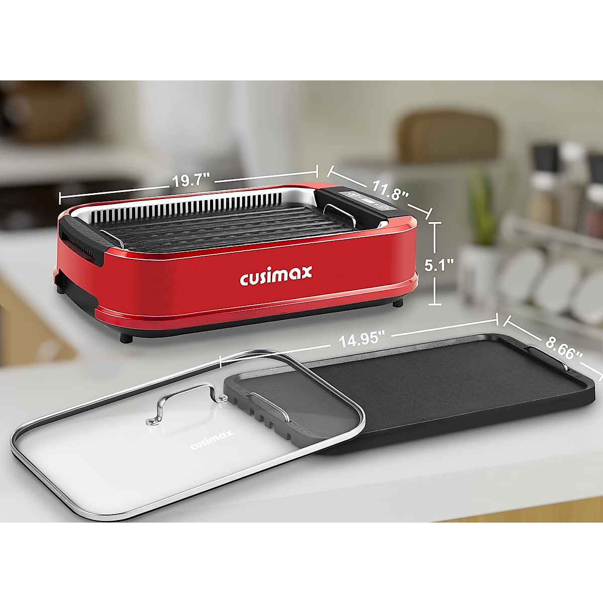 CUSIMAX Smokeless Indoor Grill, Electric Grill Griddle, 1500W Korean BBQ Grill with LED Smart Display & Tempered Glass Lid, Non-stick Removable Grill Plate & Griddle Plate, Red