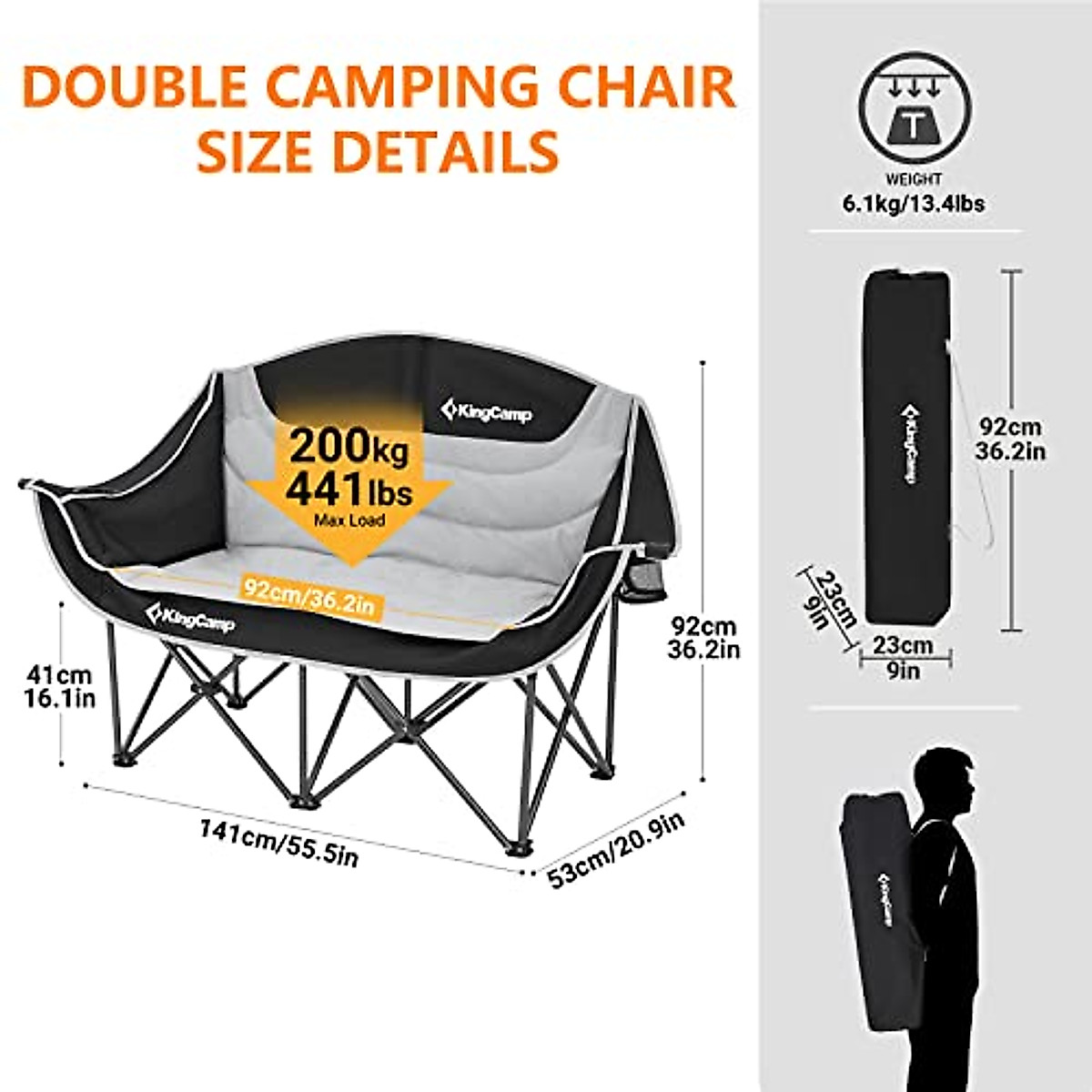 KingCamp Double Camping Chair Loveseat Heavy Duty for Adults Two Person Outdoor Folding Chairs with Cup Holder Wine Glass Holder Support 441lbs for Outside Picnic Beach Travel(Black)