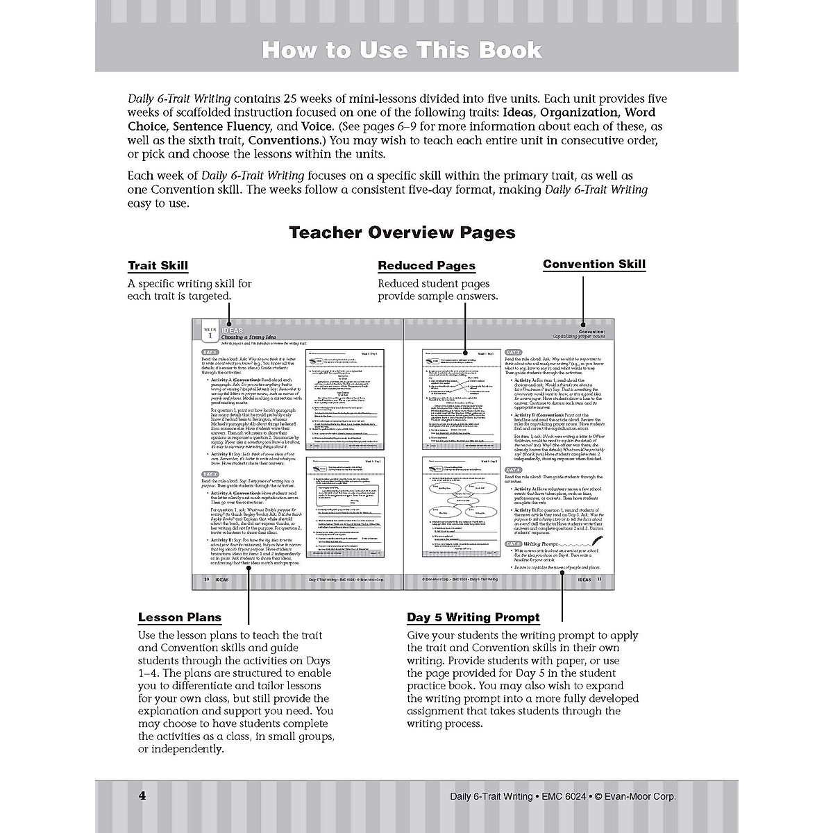 Evan-Moor Daily 6-Trait Writing, Grade 4 Homeschooling & Classroom Resource Workbook, Reproducible Worksheets, Teaching Edition, Lesson Plans, Ideas, Organization, Word Choice, Sentence Fluency, Voice
