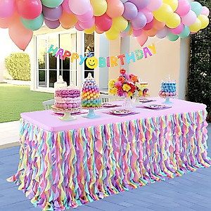gogoparti Pastel Rainbow Tablecloth for 6 ft Rectangle Table Pastel Rainbow Ruffle Tulle Table Skirt for Unicorn Theme Birthday Party Decoration