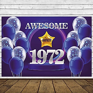 Awesome Since 1972 Happy 50th Birthday Banner Backdrop Stars Balloons Cheers to 50 Years Old Theme Decor for Women Men 50th Birthday Party Bday Supplies Decorations Background Blue Purple Sliver