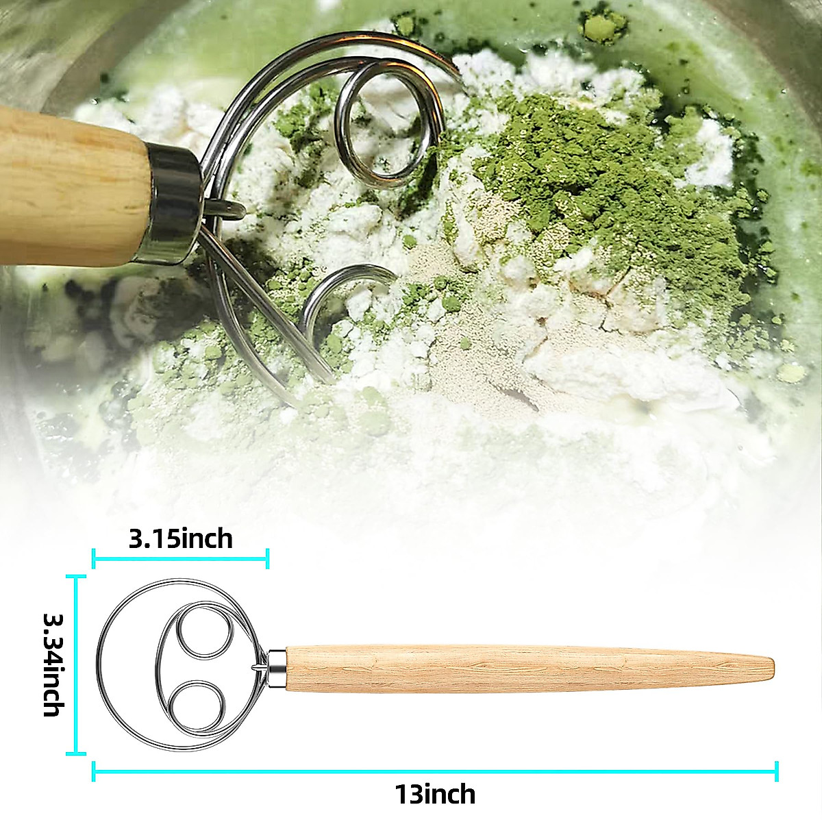 13-Inch Danish Dough Whisk - Wooden Danish Whisk for Dough with Stainless Steel Dough Hook - Traditional Dutch Whisk - Bread Whisk for Sourdough, Pizza, Pastry, Cake Batter (Rubberwood，Silver, 1)