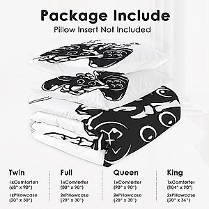 Comforter Set King Size, Vintage Gaming Skeleton Rock Soft Quilt for Kids and Adults, Retro Wireless Gamepad Bedding Set with 2 Pillowcases for Bedroom Bed Decor