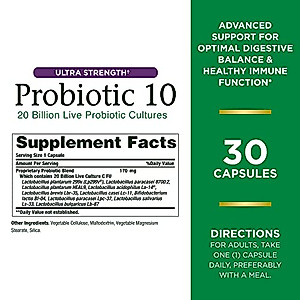 Nature’s Bounty Probiotic 10, Ultra Strength Daily Probiotic Supplement, Support for Digestive, Immune and Upper Respiratory Health, 1 Pack, 30 Capsules