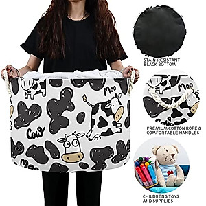 Round Storage Basket Bin Cute Doodle Cow Collapsible Waterproof Laundry Hamper Baby Nursery Basket Organizer with Handles for Bedroom Closet Toys Gifts