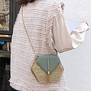 Straw Handbag Crossbody Bag Hexagon Straw+Leather Woven Beach Shoulder Bag