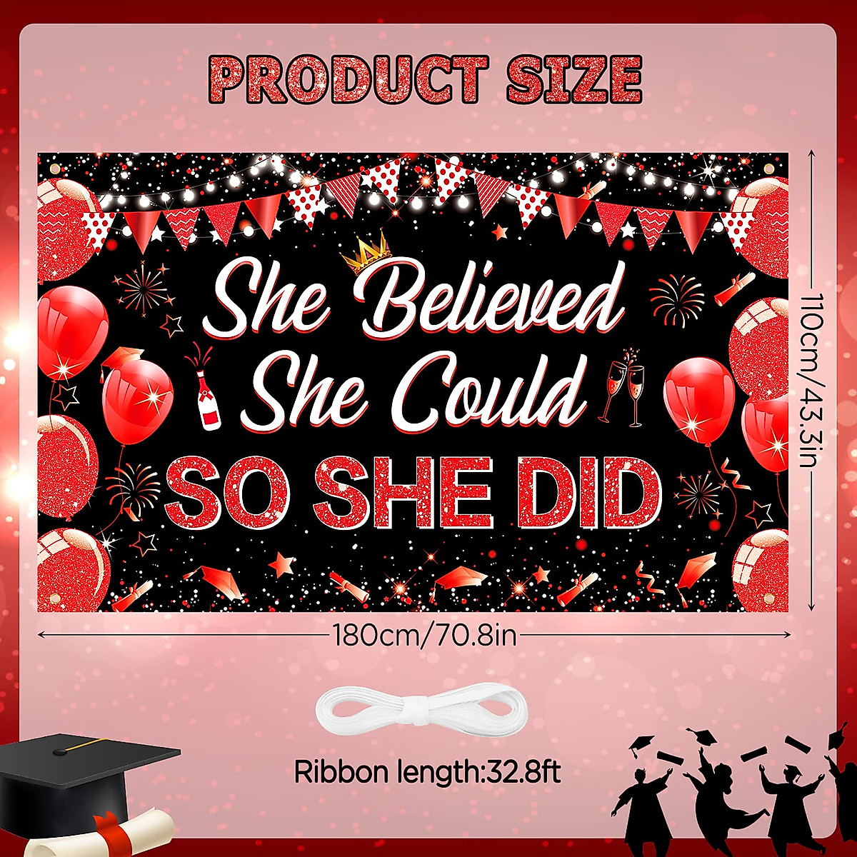 2024 Red Black Graduation Decoration Banner Red Black She Believed She Could So She Did Graduation Banner 2024 Class of Graduation Banner for Women Girls High School College Graduation 72.8x43.3 inch
