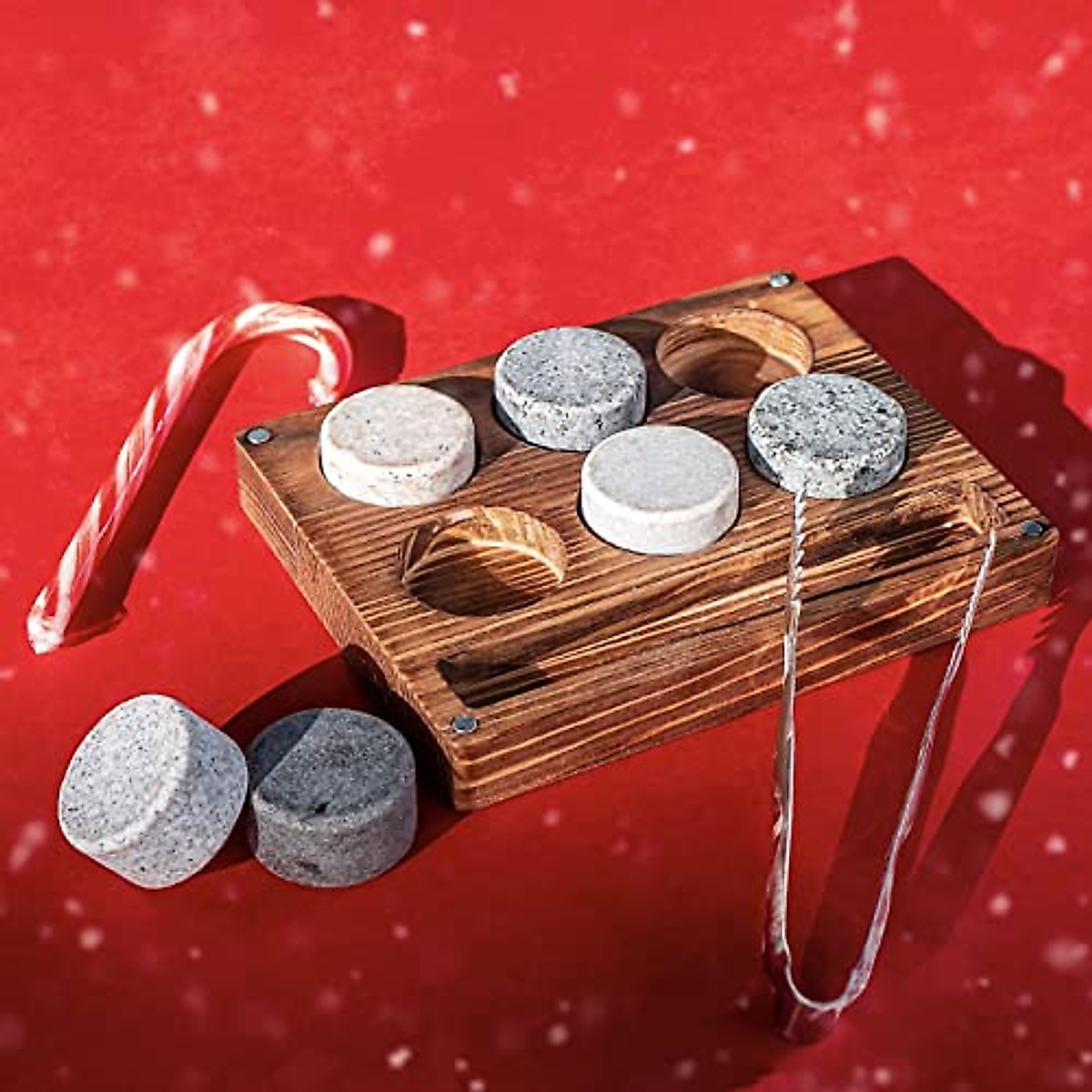 Whiskey Rocks Chilling Stones - Set of 6 Whisky Stone Granite Bourbon Drink Whiskey Ice Rocks with Tong - Large Sipping Stones Gift Ready Wooden Case for Men Husband or Father