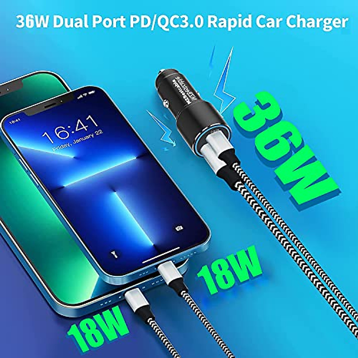 38W USB C Car Charger and Cable for Samsung Galaxy S23 S21 S22 Plus Ultra FE A23 A53 A13 A14 5G,Note 10 20,A12 A42 A32 A71,Pixel 7 6 Pro,PD&QC 3.0 Fast Charging Car Phone Adapter for iPhone 14 13 Pro