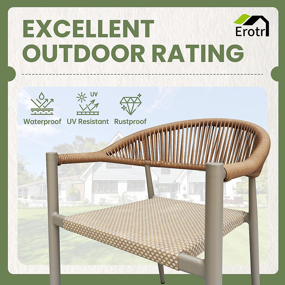Erotr 4 Pcs Aluminum Patio Chairs, Stackable Rattan Patio Dining Chair with Arms, Woven Rope Outdoor Dining Armchair Metal Assembled for Bistro Garden Balcony Dining Room Cafe Restaurant, Light Brown