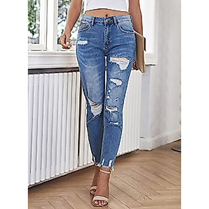 Sidefeel Women Distressed Raw Hem Washed Jeans Ripped Slim Fit Denim Pants Medium Sky Blue