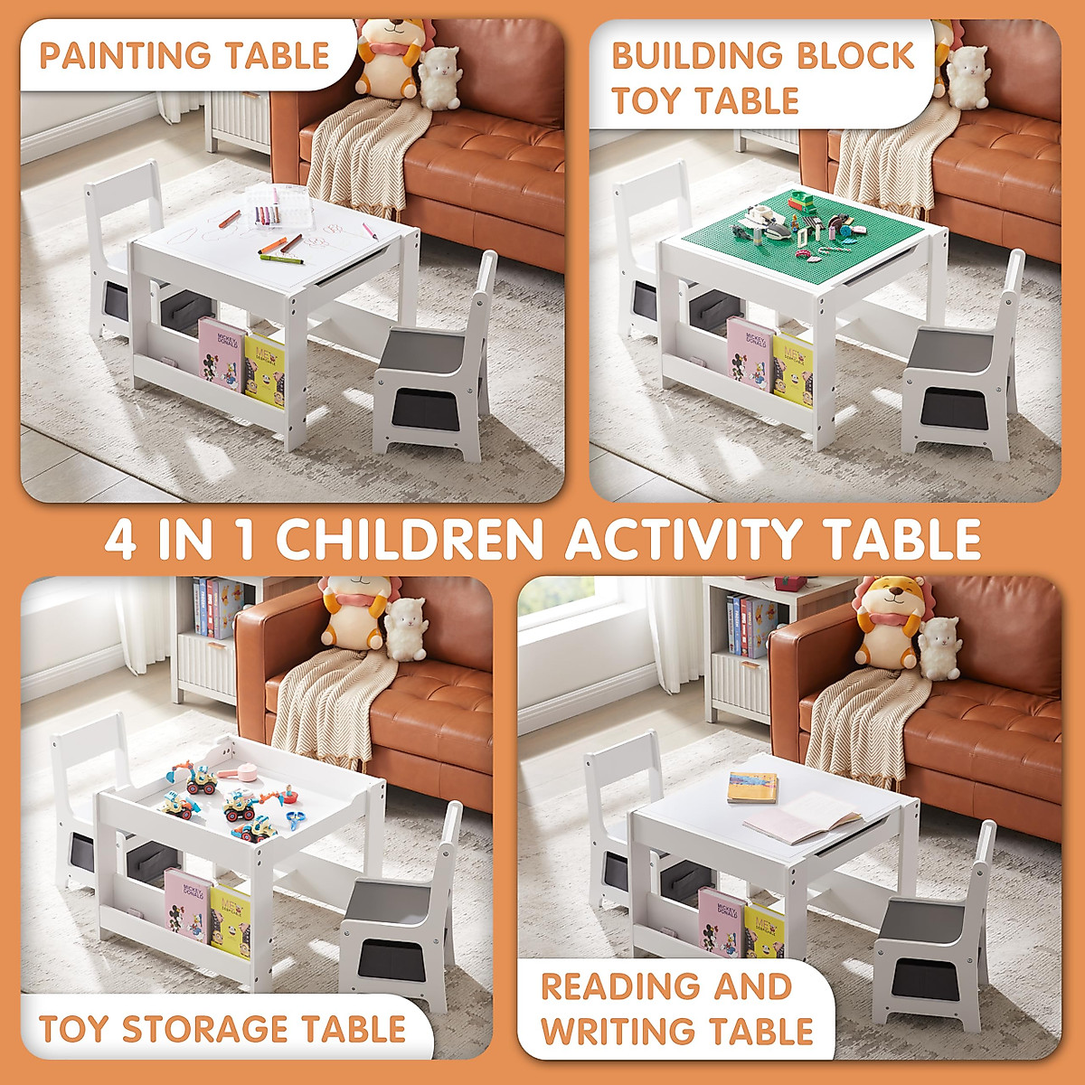 GABHX Kids Table and Chair Set, 4 in 1 Wooden Activity Table with Bookshelves and Storage Drawer, 2 in 1 Detachable Tabletop Construction Play Table Set for Drawing, Reading, Build Blocks