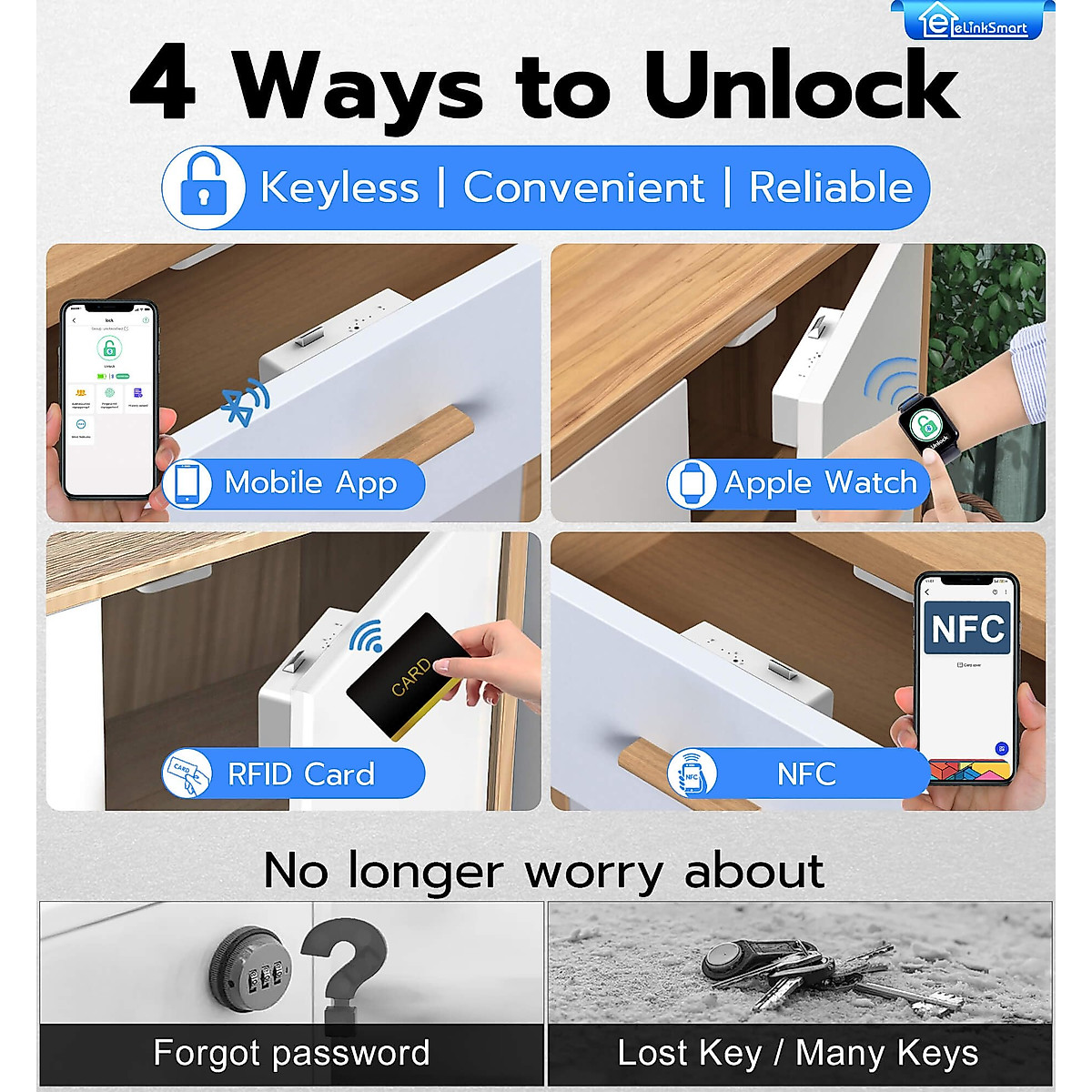 eLinkSmart Smart Cabinet Lock, Hidden No Drill Adhesive Magnetic Baby Proofing Child Proof Drawer Locks, Keyless RFID Bluetooth Cabinet Locks for Adults File Kitchen Cupboard Closet Liquor - White