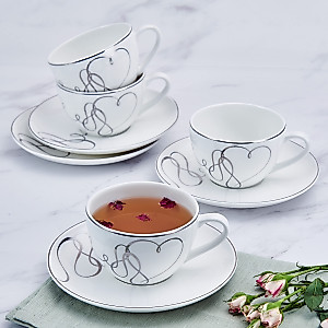 Mikasa Love Story Platinum Banded Teacup and Saucer Set, Set of 4, 9.6-Ounce, White