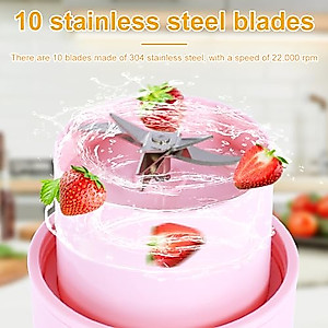 Portable Blender, 340ml Personal Electric Smoothie Blender with 10 Blades 1500mAh USB Rechargeable Mini Blender Cup with Handle Straw Cordless Personal Blender for Kitchen/Travel/Gym (Pink)