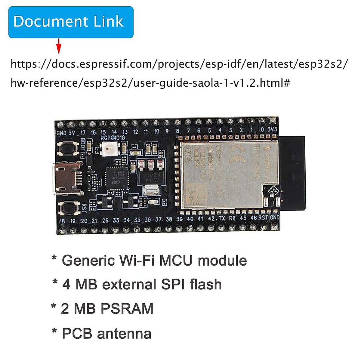 RCmall ESP32-S2-Saola-1R Dev Kit Espressif Development Board Based Wi-Fi MCU ESP32-S2 WROVER with 4MB Flash and 2MB PSRAM+Micro USB Cable (Pack of 2)