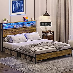Tiptiper LED Bed Frame Queen Size with Storage Headboard, USB Ports & AC Outlets, Industrial Metal Platform Bed with LED Lights, No Box Spring Needed, Rustic Brown