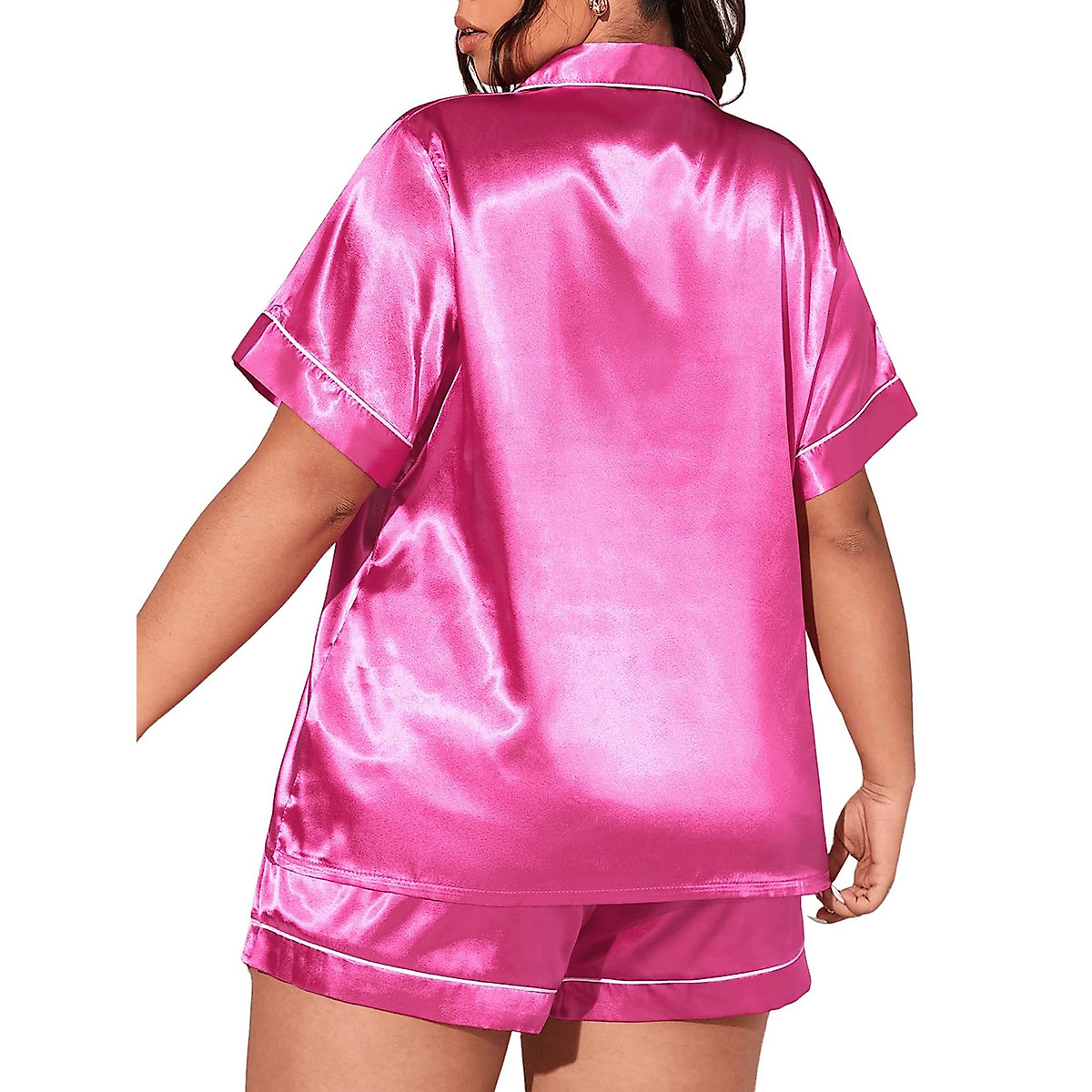 WDIRARA Women's Plus Sleepwear Satin Short Sleeve Shirt and Shorts Pajama Set Hot Pink 2XL