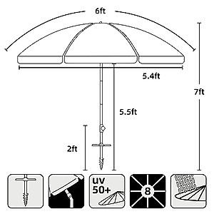AMMSUN 6ft Folded PortableTravel Beach Umbrella with Sand Anchor, Tilt and Air vent UPF 50+UV Protection fit in suitcase Portable Compact Foldable beach umbrella for Patio Garden Beach Pool Backyard Sky blue