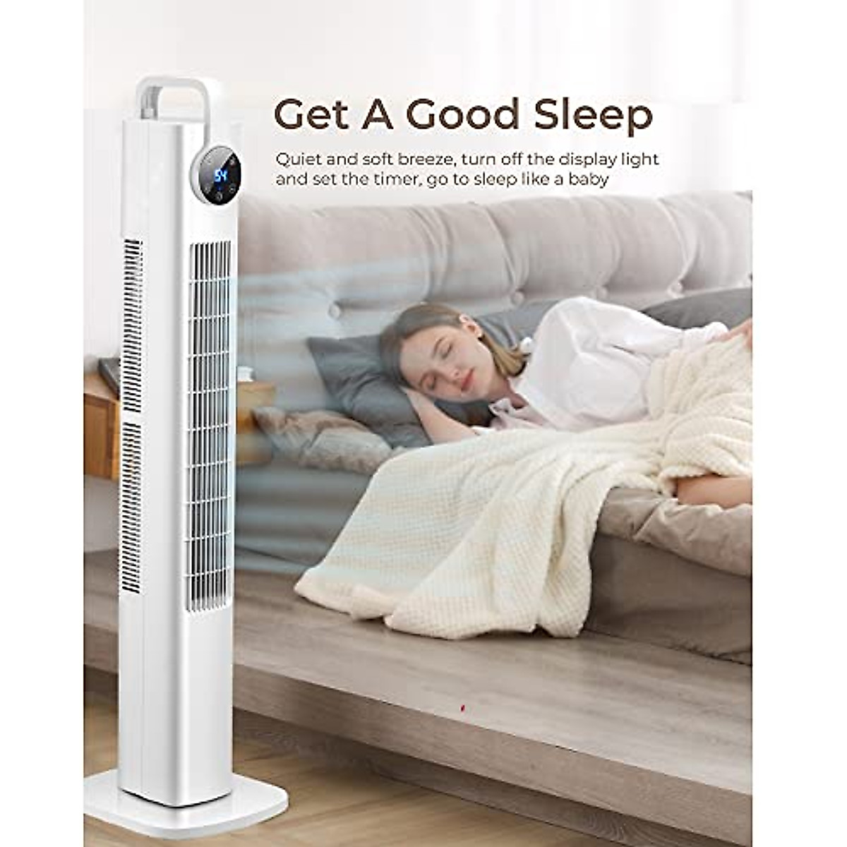 Uthfy Tower Fan with Remote Control, Oscillating Bladeless Fan, 43 Inch, Quiet 3 Speeds, Large LED Display,12H Timer, Standing Floor Fans Whole Room Home Office, White, One Size, ATF-014L-2